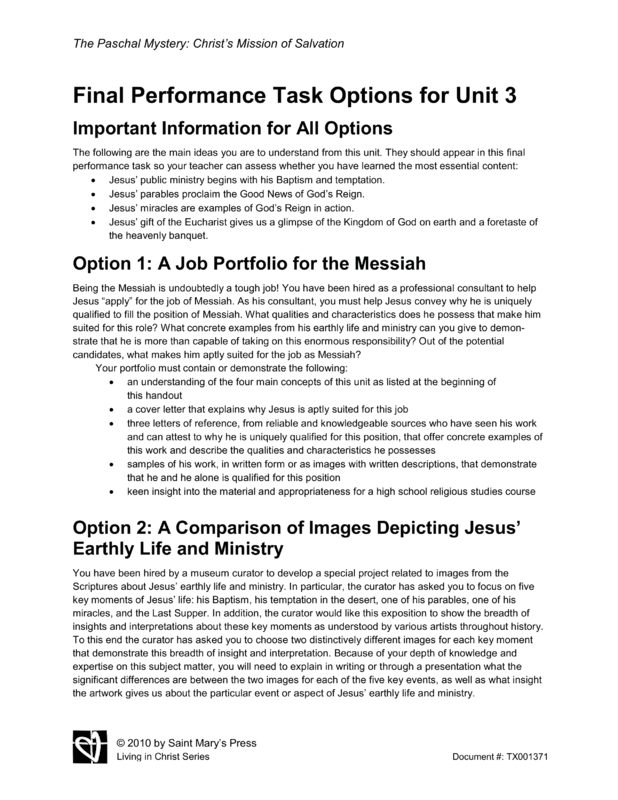 Final Performance Task Options for Unit 3 | Saint Mary's Press