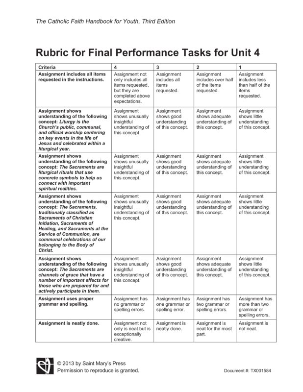 Rubric for Final Performance Tasks for Unit 4 | Saint Mary's Press