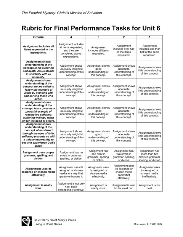 Rubric for Final Performance Tasks for Unit 6 | Saint Mary's Press